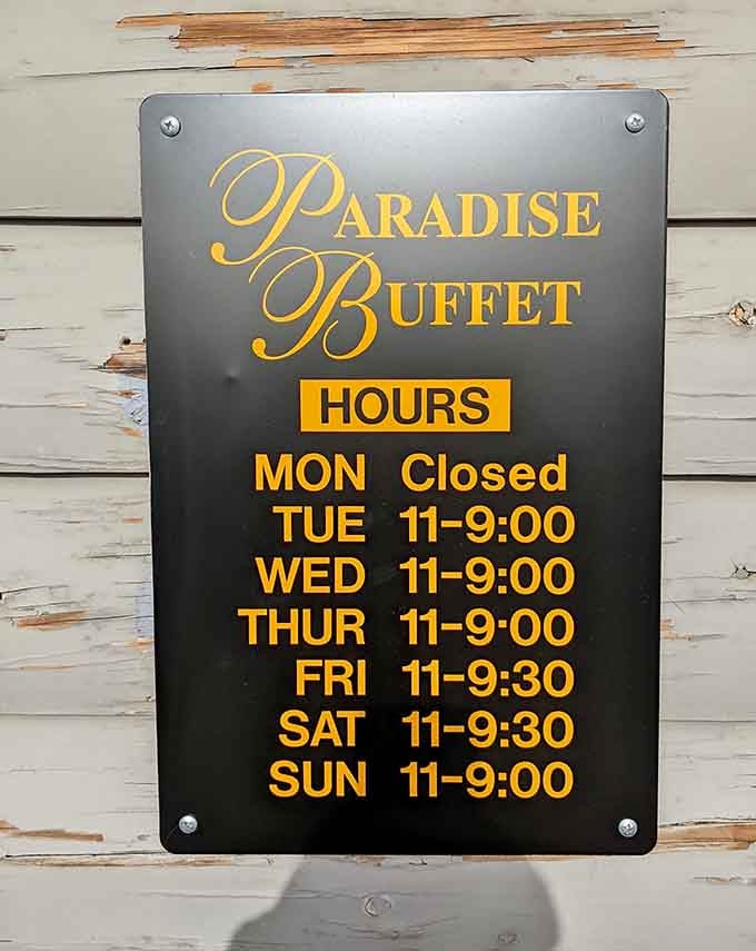 Closed Mondays for rest, open the rest of the week for feasting, because even paradise needs one day off occasionally.