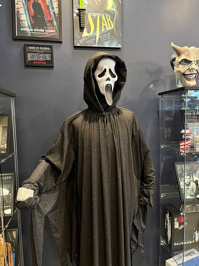Ghostface greets visitors with silent menace, proving horror movie icons never really go out of style here.