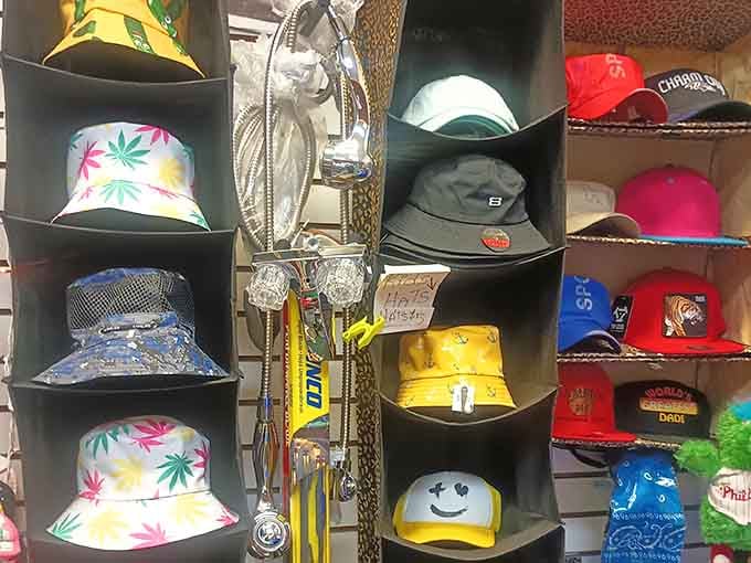 Bucket hats to baseball caps, this wall of headwear could top off any outfit with serious style.