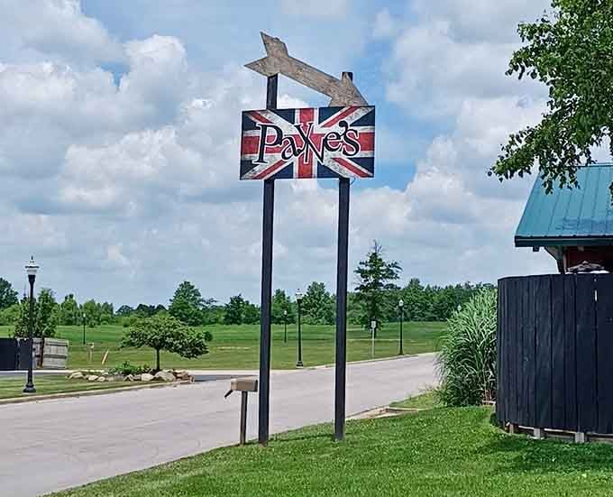 The Union Jack sign pointing toward Payne's leaves absolutely no doubt about the cuisine awaiting inside.