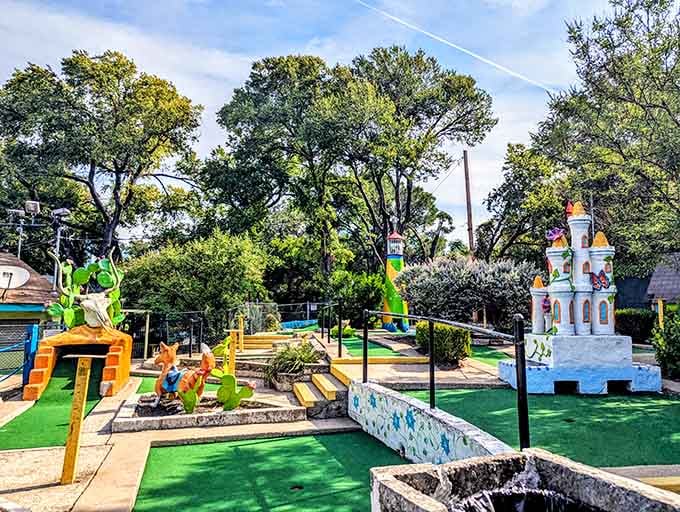 The entire course sprawls like a carnival designed by someone who really, really loved both Peter Pan and bright paint.