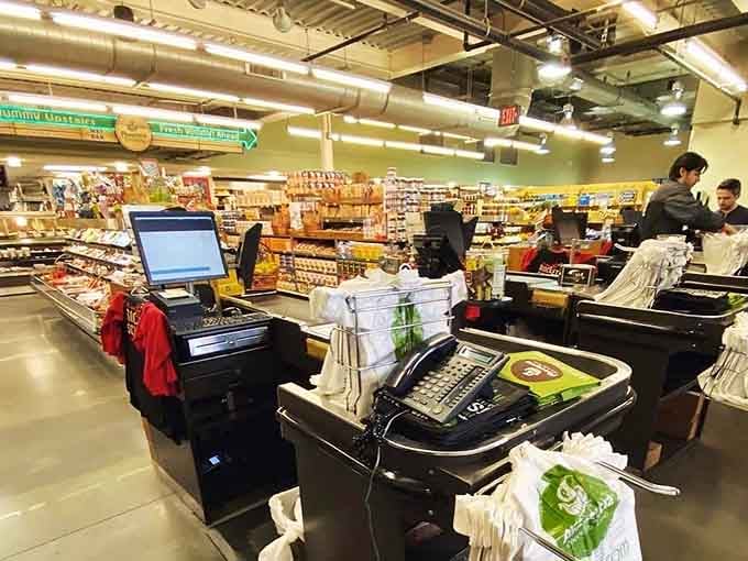 Multiple checkout lanes handle the happy crowds who've discovered that grocery shopping can actually be entertaining.