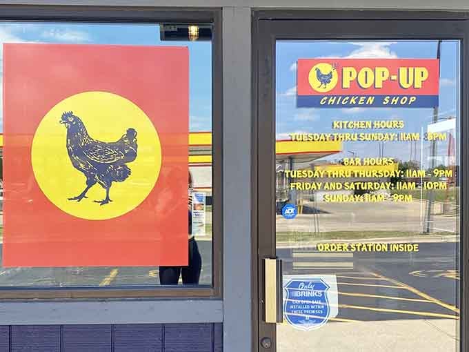 The door practically beckons you inside with promises of kitchen hours and the kind of chicken worth planning your day around.