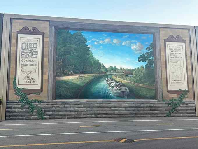 The Ohio and Erie Canal flows peacefully here, back when waterways were highways and mules were engines.