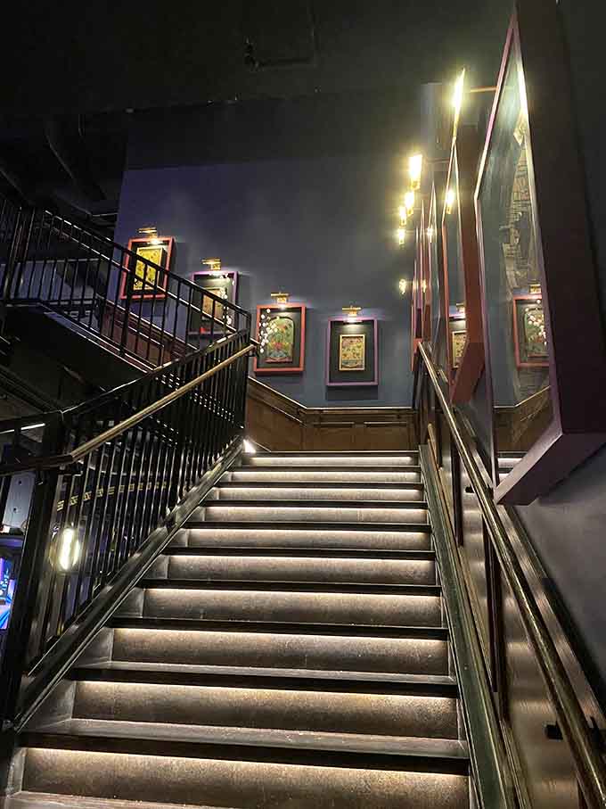 Even the stairway gets mood lighting, because why should the courses have all the atmospheric fun anyway.