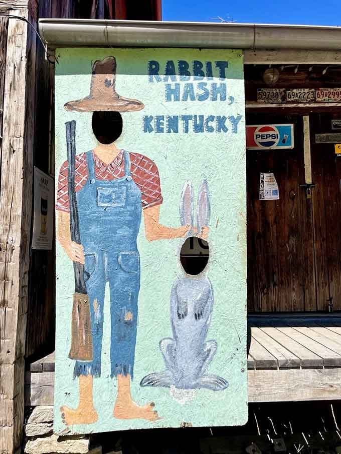 Strike a pose in this charming photo cutout and become part of Rabbit Hash's quirky, welcoming community spirit.