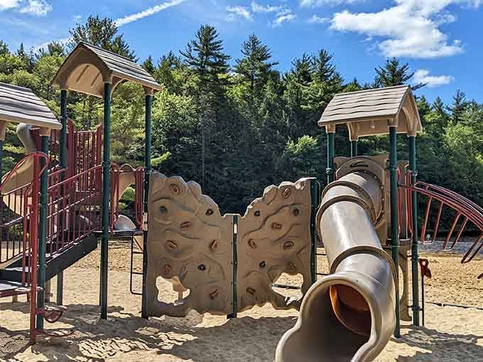 Modern playground equipment keeps little ones entertained while parents enjoy views that beat any theme park backdrop by miles.
