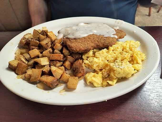 Country fried breakfast with white gravy is Southern comfort food at its absolute finest and most satisfying.