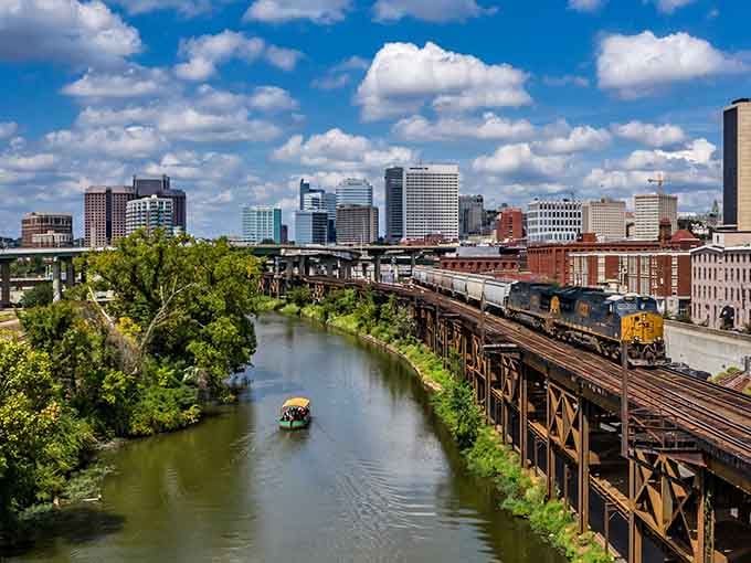 From this vantage point, Richmond's skyline rises majestically while the canal stretches peacefully below, nature and city in perfect harmony.