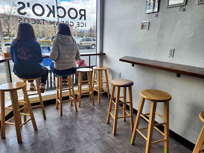 Window seats offer prime people-watching real estate while you demolish your ice cream taco without judgment or shame.