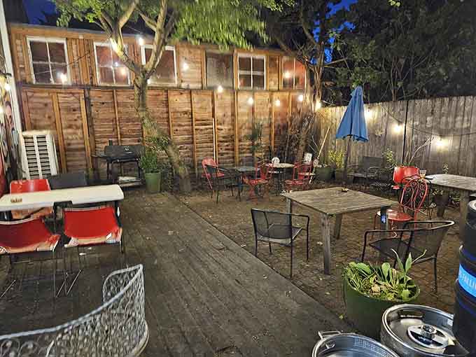 An outdoor patio strung with lights where summer evenings and good books stretch on as long as you want.