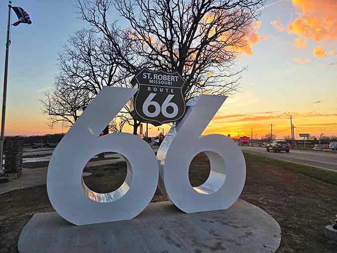 The giant "66" sculpture provides another perfect photo opportunity for Route 66 enthusiasts visiting this roadside treasure.