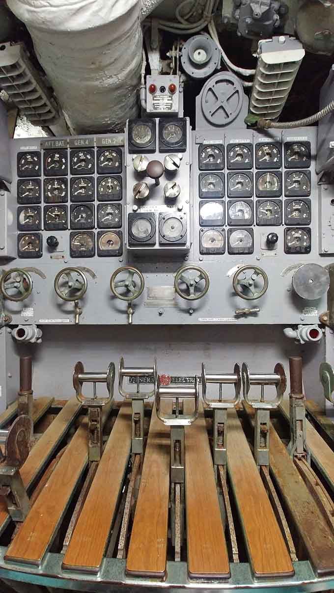 The maneuvering room's main control console looks like something from a vintage sci-fi film, except this actually worked.