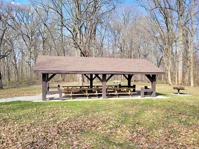 The shelter stands ready for picnics and family gatherings, because even outdoor adventures deserve a roof overhead sometimes.