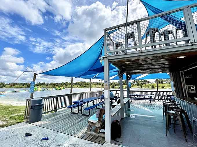 Shaded seating with lake views where you can rest, rehydrate, and watch others take their turn at glory.