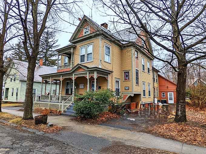 Victorian homes with wraparound porches where people actually sit outside and wave at neighbors passing by.