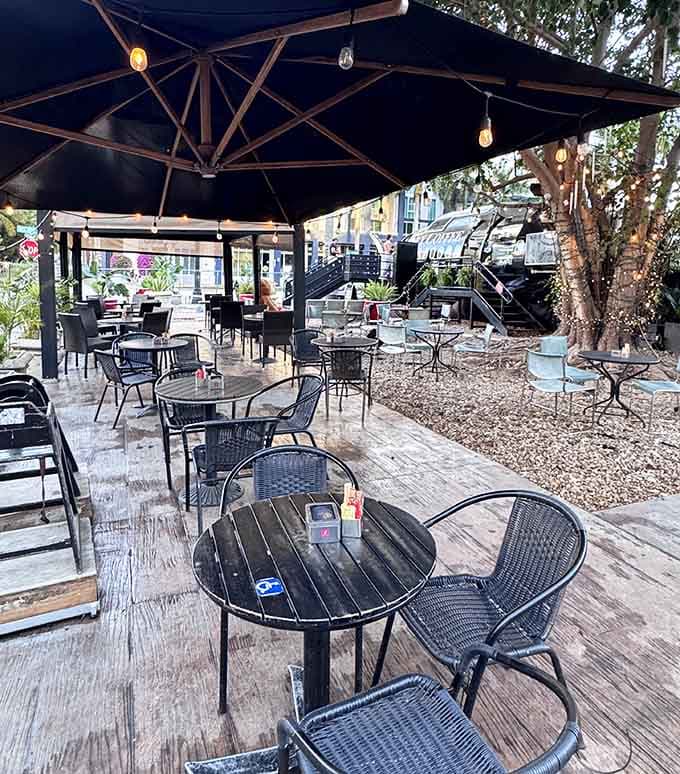 The outdoor patio offers Miami sunshine and great coffee, no boarding pass or baggage claim frustration required.