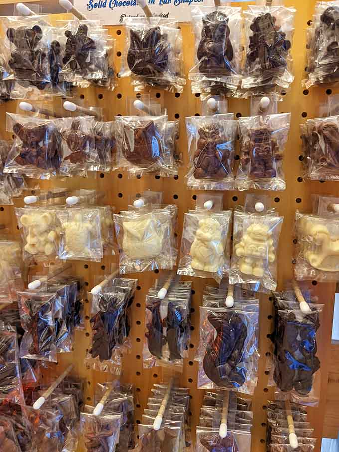 Molded chocolate figures standing at attention, ready to become someone's sweetest gift or personal indulgence.