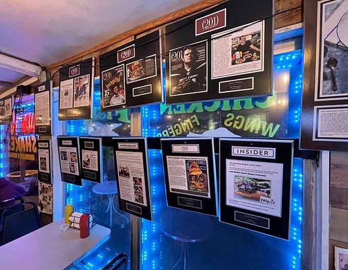 Those framed articles on the wall tell the story of a place that's earned its local legend status.