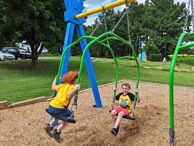 Playground swings where kids burn energy while parents contemplate the meaning of peace and quiet nearby.