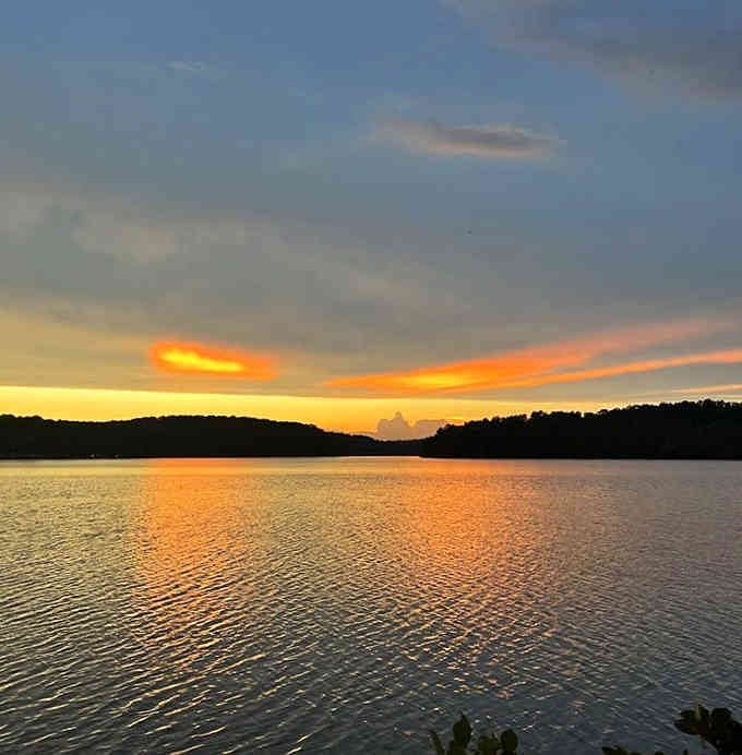 Sunset over the reservoir paints the sky in colors that make you forgive Georgia for every humid summer day.