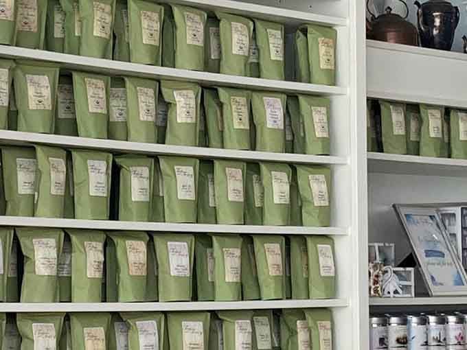 Those green tea tins lined up like soldiers promise endless flavor adventures for every palate and preference.