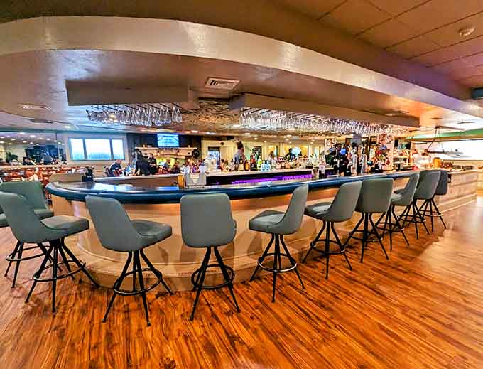 A full bar with comfortable seating for those who want a drink before tackling 150 feet of food.