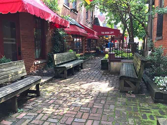 The garden courtyard offers peaceful respite between browsing sessions, benches begging for reading breaks outside.