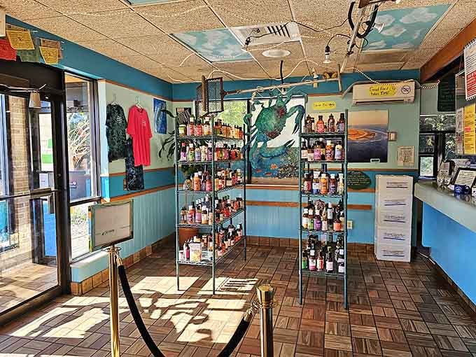 Local sauces and condiments lined up like flavorful soldiers ready to enhance your already excellent seafood experience.