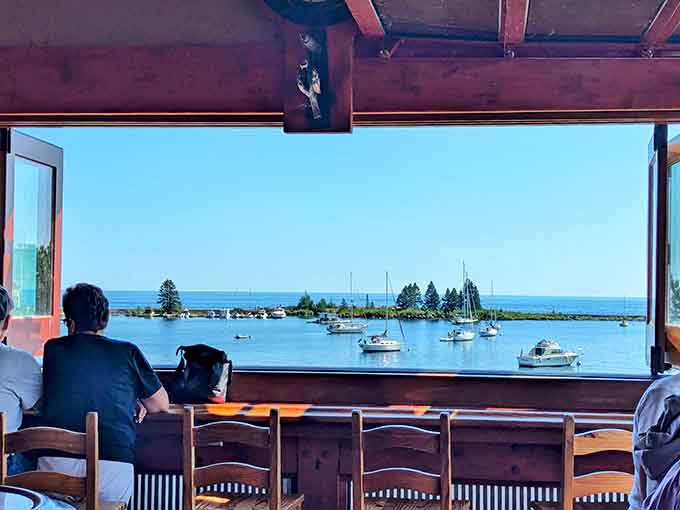 Window seats overlooking the marina turn every meal into dinner theater, where sailboats provide the entertainment between bites of delicious food.