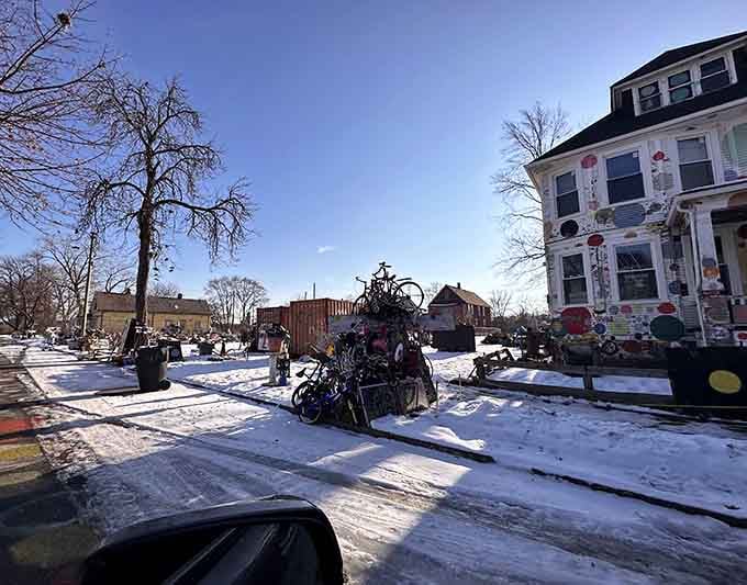 Winter snow softens the bold installations, proving this art environment transforms with every season that passes through Detroit.