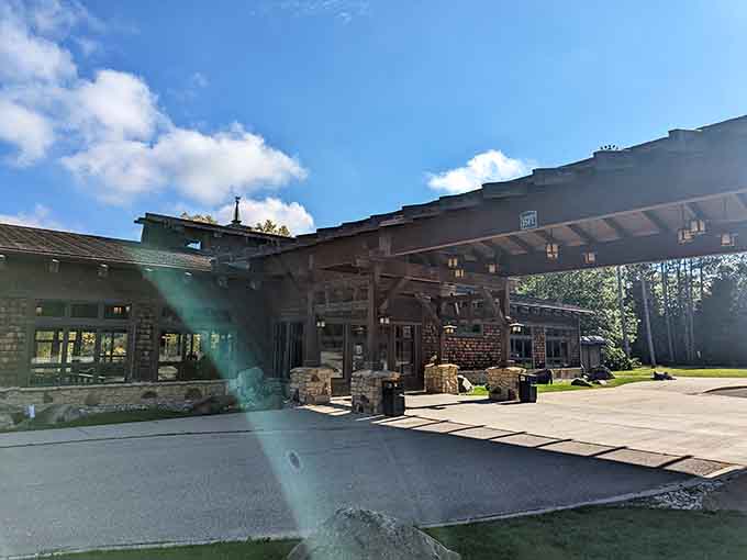The main building welcomes guests with rustic architecture that hints at the wonderland waiting inside its walls.