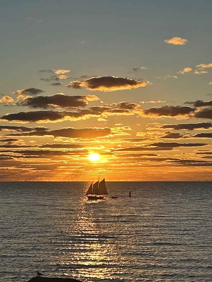 Sunset at The Knob turns the sky into liquid gold, with that sailboat perfectly positioned like it knew.
