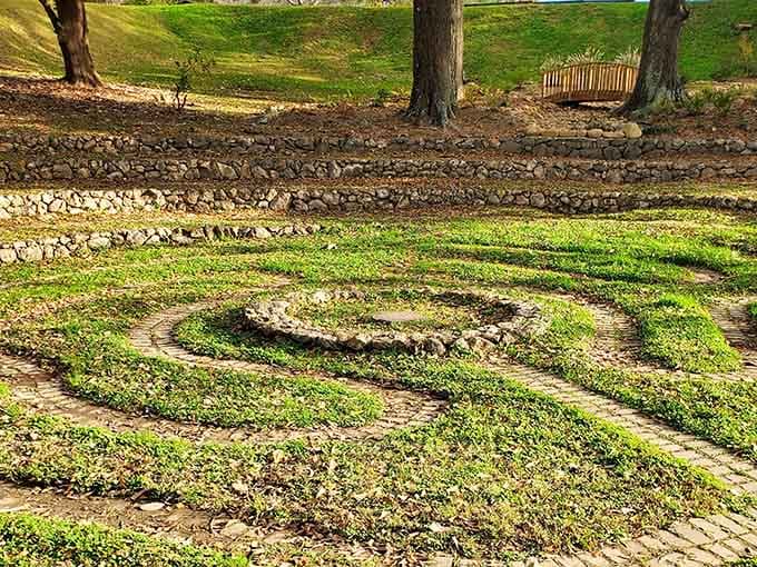The labyrinth's center features intricate stonework that rewards your journey with artistry you can only appreciate up close.