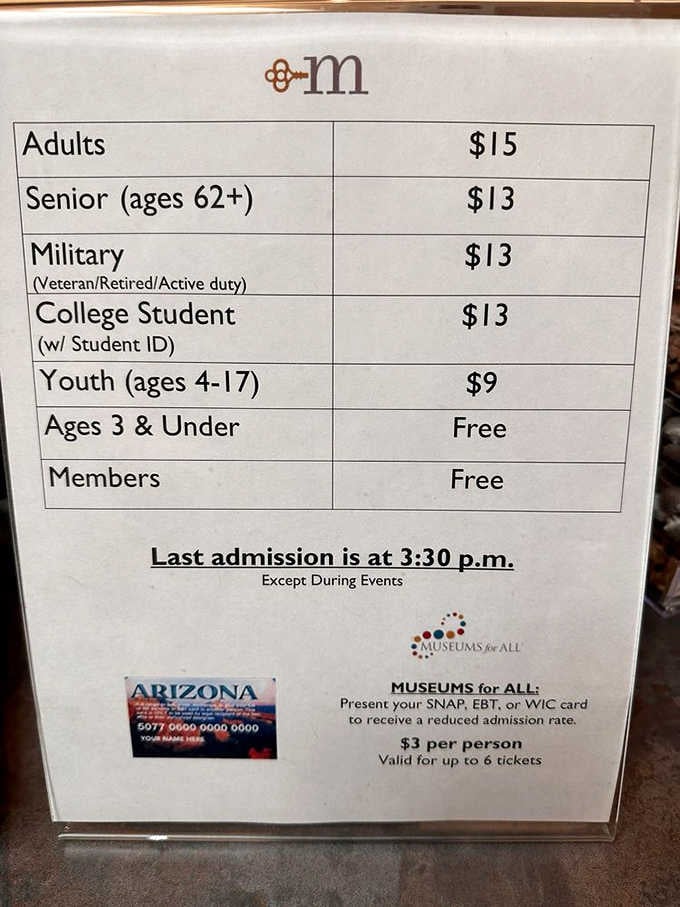 Admission information showing this remarkable experience won't break the bank, with discounts for various groups available.