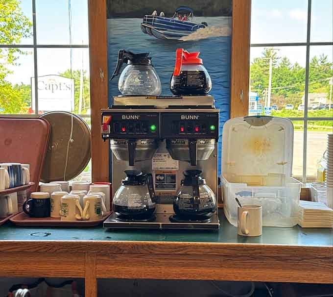 Multiple coffee pots standing ready means your cup will never run dry here.