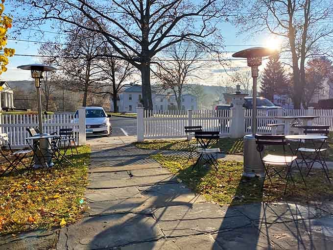 The outdoor patio with its bistro tables offers front-row seats to small-town Connecticut life at its most peaceful and charming.