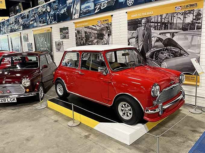 The classic Mini Cooper sits proud in British racing red, proving good things come in small packages.