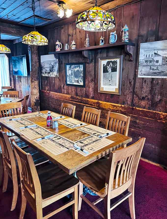 Vintage photographs and beer steins line weathered wood walls, each piece telling stories from Long Grove's rich and storied past.