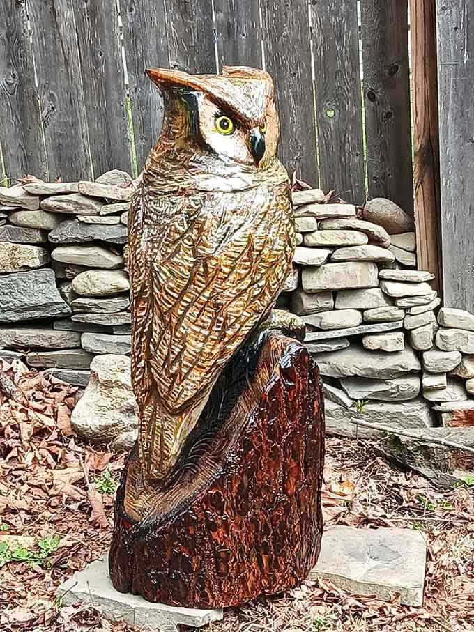 This hand-carved owl watches over the market with wise eyes, silently judging your shopping cart choices but approving anyway.