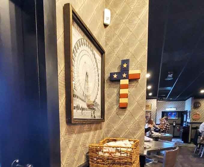 Vintage Ferris wheel art and patriotic touches add character without overwhelming the contemporary vibe of this special place.