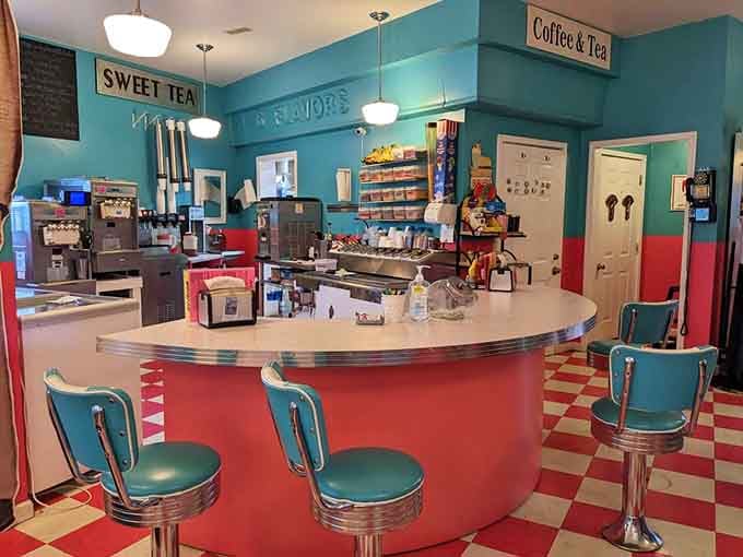 The curved counter with turquoise stools is where milkshake dreams are made and calories don't count, obviously.
