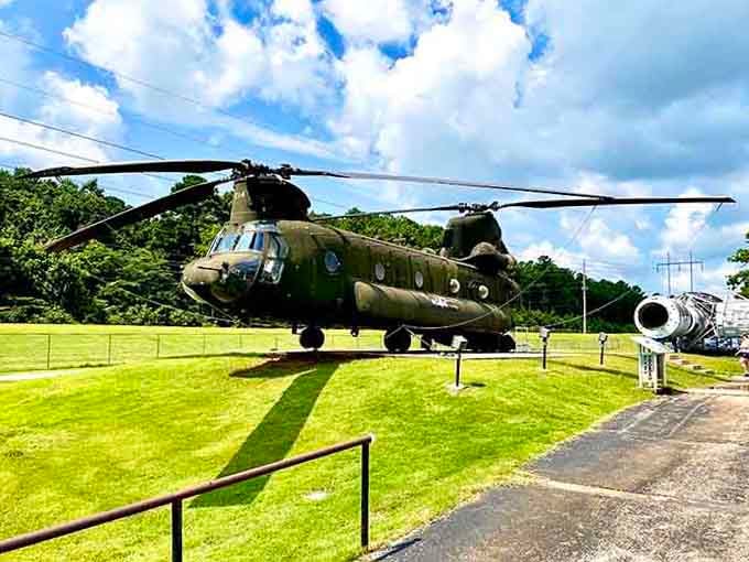 This military helicopter on display shows the diverse collection beyond just space artifacts at the museum.