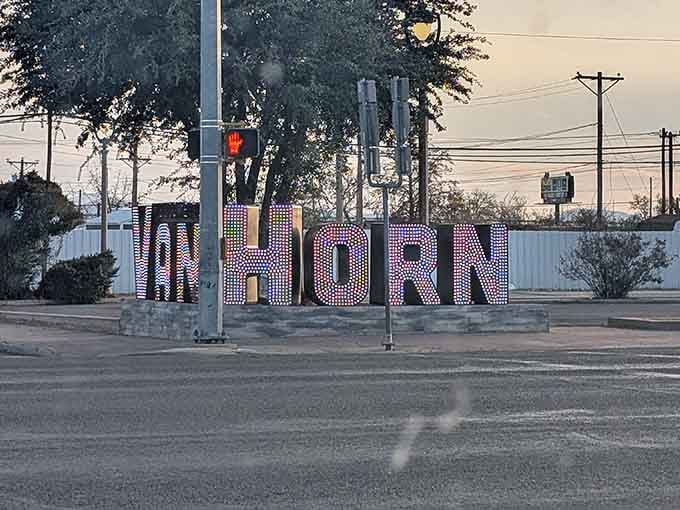 That illuminated Van Horn sign welcomes weary travelers like a neon hug after miles of empty highway.