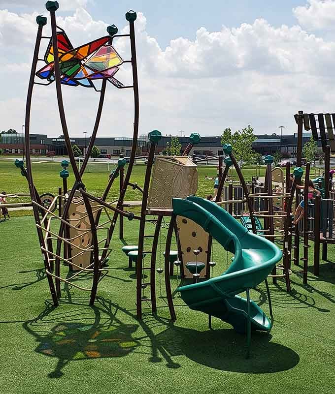 This climbing structure with spiral slide proves that not everything here is dinosaur-themed, but it's all equally fun regardless.