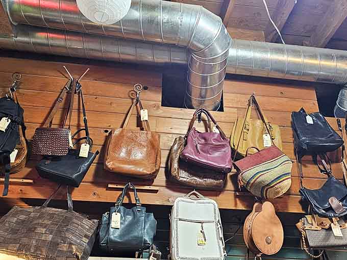 Leather bags hanging like art installations, each one carrying stories from previous owners you'll never quite know.