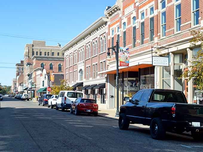 Main Street stretches ahead like a timeline you can walk, each building another page in Vincennes's story.