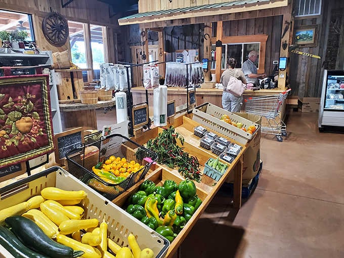 Fresh produce displayed in wooden crates because some traditions just make sense and taste better.