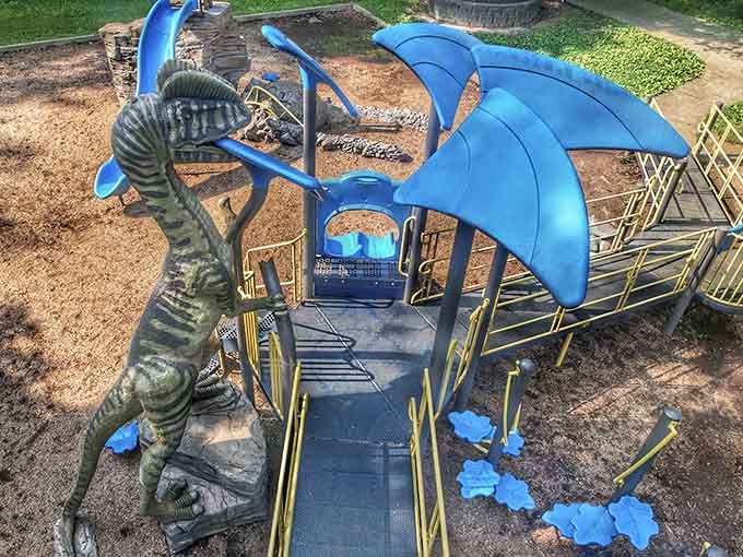 From above, those blue dinosaur accents pop like sapphires scattered across a landscape designed purely for wonder and exploration.