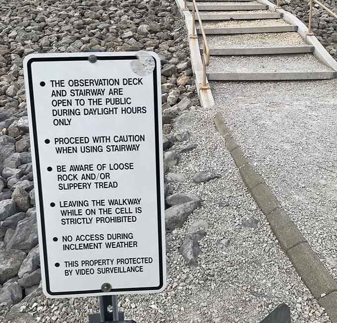 Safety reminders keep visitors informed, because even successful remediation projects require ongoing respect and responsible behavior from everyone.